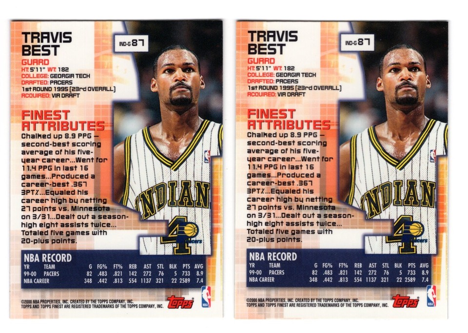 (2) 2000-01 TOPPS FINEST TRAVIS BEST CARD #87 LOT **NM-MT** INDIANA ...