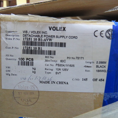 VOLEX 17251-10B1 Qty of 5 per Lot Cord Power C13 5-15P Plug 3 Cond SVT ...