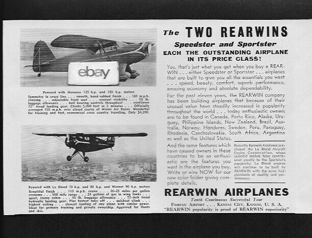 REARWIN AIRPLANES INC KANSAS CITY 1938 2 MODELS SPEEDSTER & SPORTSTER ...