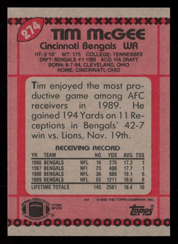 1990 Topps #274 Tim McGee Cincinnati Bengals Football Card | eBay