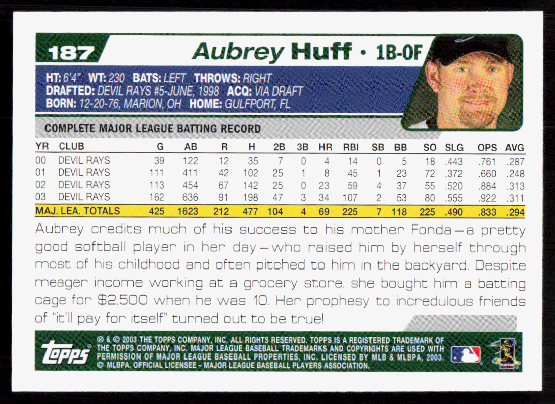 2004 Topps 187 Aubrey Huff Tampa Bay Devil Rays | eBay