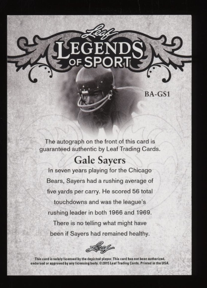 2015 Gale Sayers Leaf LEGENDS OF SPORT Football Auto Autograph #10/10 ...