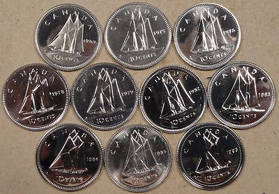 Canada 1969,75,76,78,79,82,83,84,85,+93 PL except 75+85? Ten Cents as ...