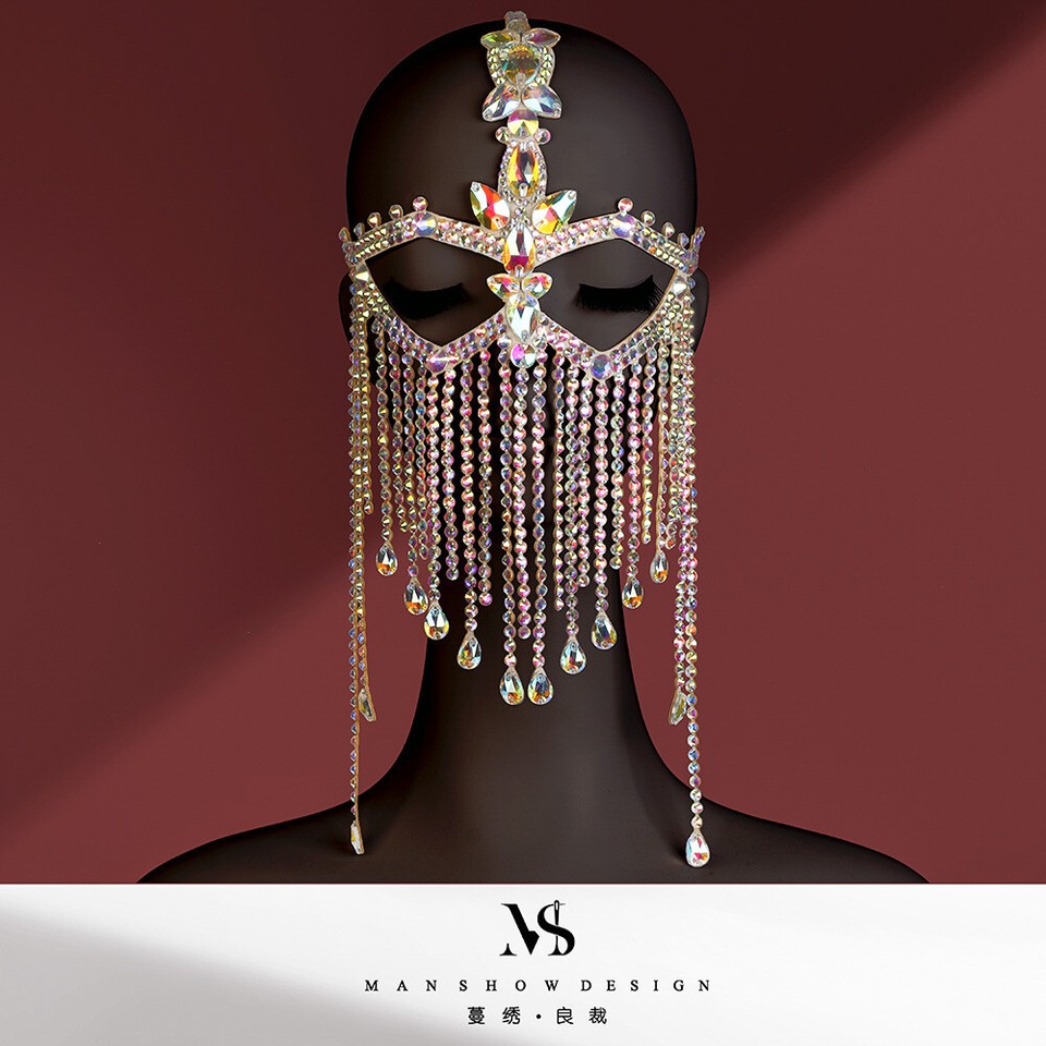 Belly Dance Rhinestone Long Tassel Face Veil Face Mask Women Masquerade ...