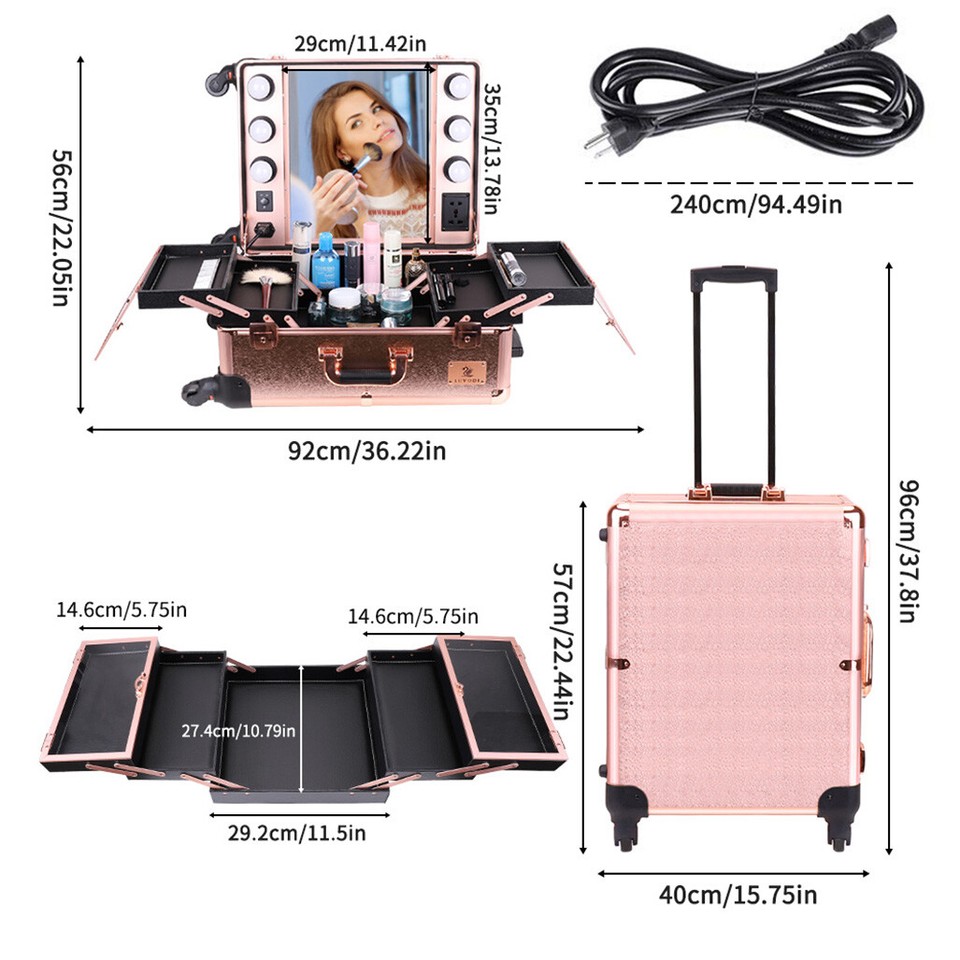 Large Cosmetics Make Up Beauty Trolley Artist Pro Rolling Case w/Lights ...
