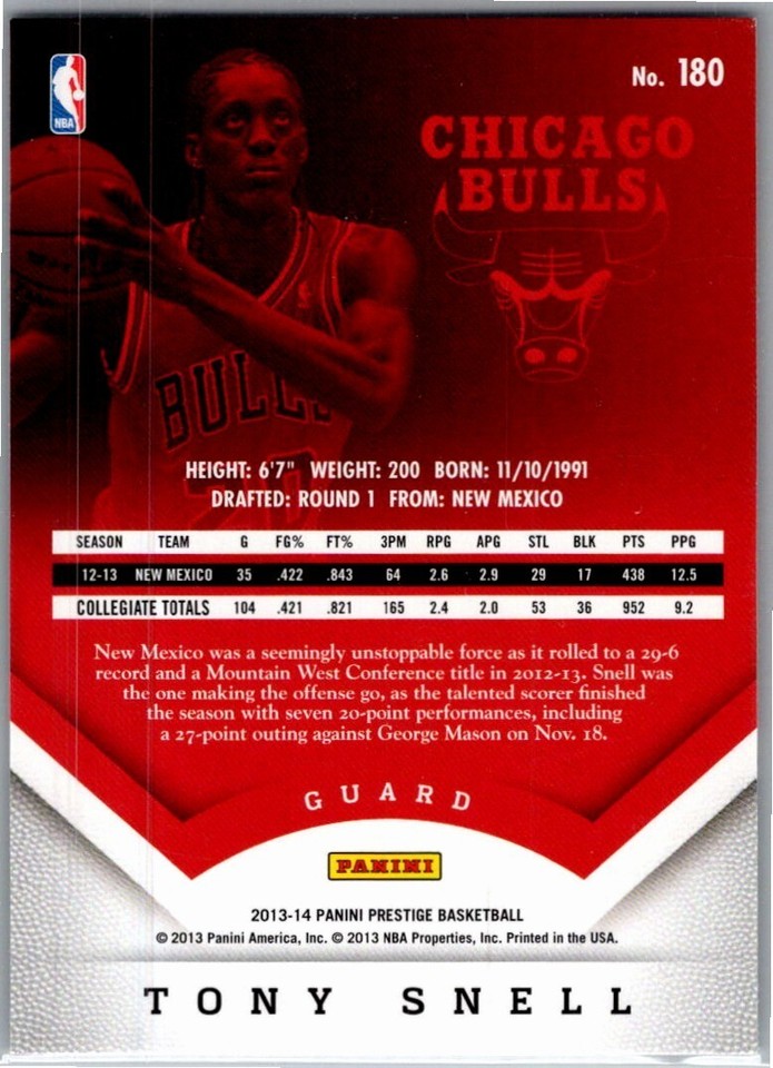 2013-14 Panini Prestige Tony Snell Rookie Chicago Bulls #180 | eBay