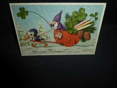 HALLOWEEN POSTCARD-ADORABLE ELFISH SANTA IN HIS CART -SNAPPING WOODEN ...