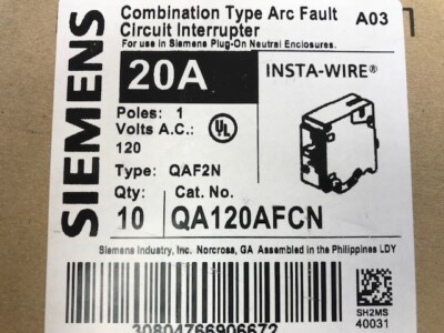 Siemens QA120AFCN Breakers Combination 20A 120V Arc Fault 804766906671 ...