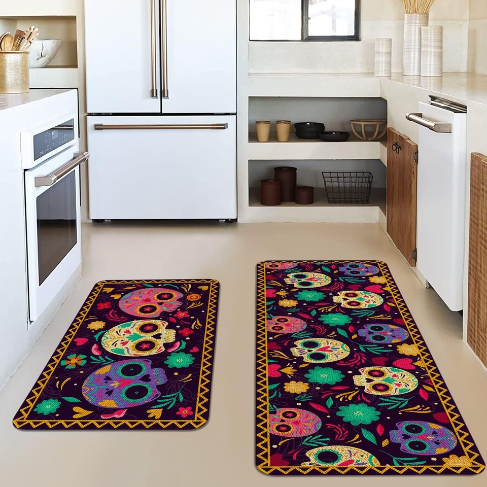 Mexican Skull Kitchen Mat Set of 2, Sugar Skull Day of The Dead Kitchen ...