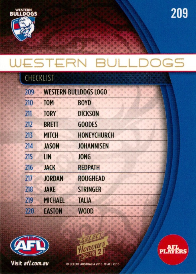 2015 Western Bulldogs AFL Select Honours Card - Club Logo | eBay Australia