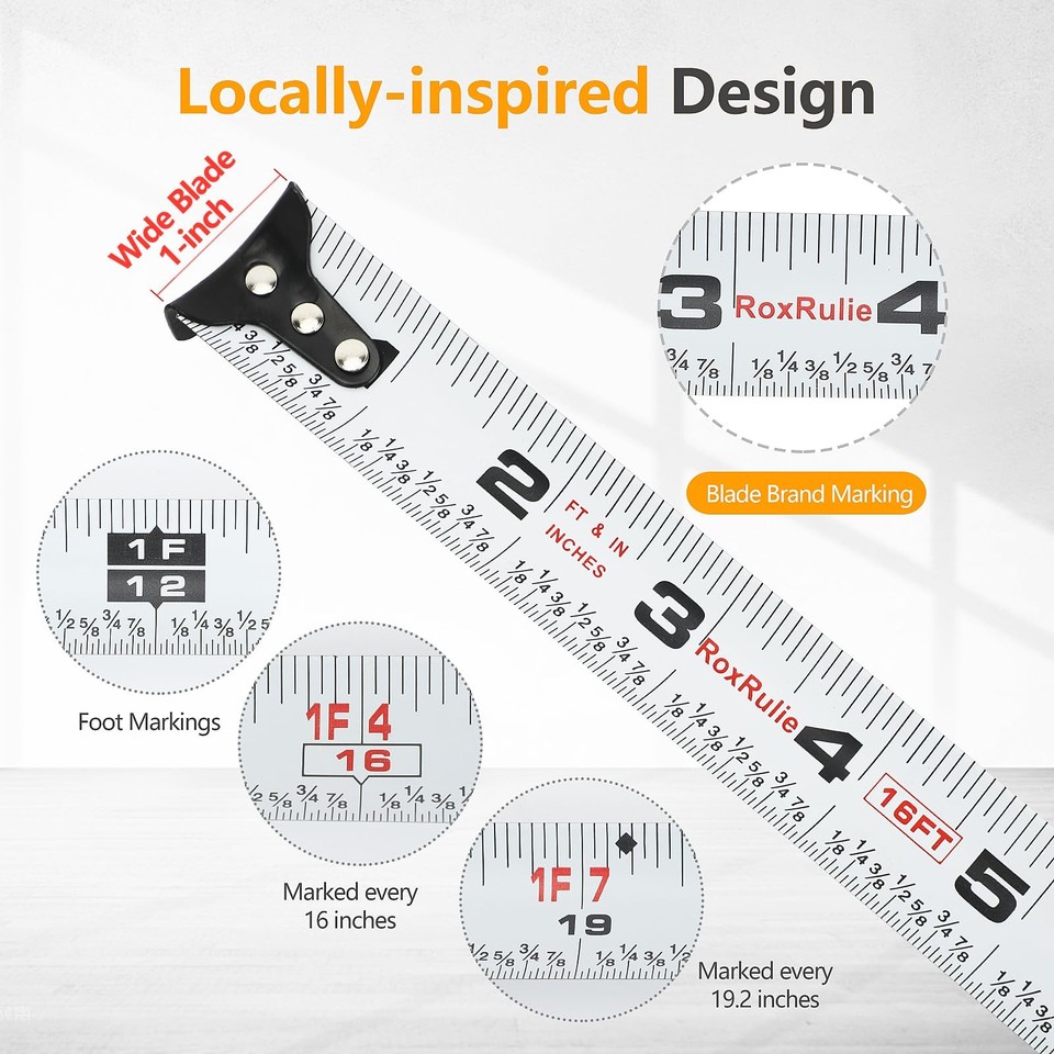 Tape Measure with Fractions 1/8, Measuring Tape 16 FT, 1 Inch/25mm Wide ...