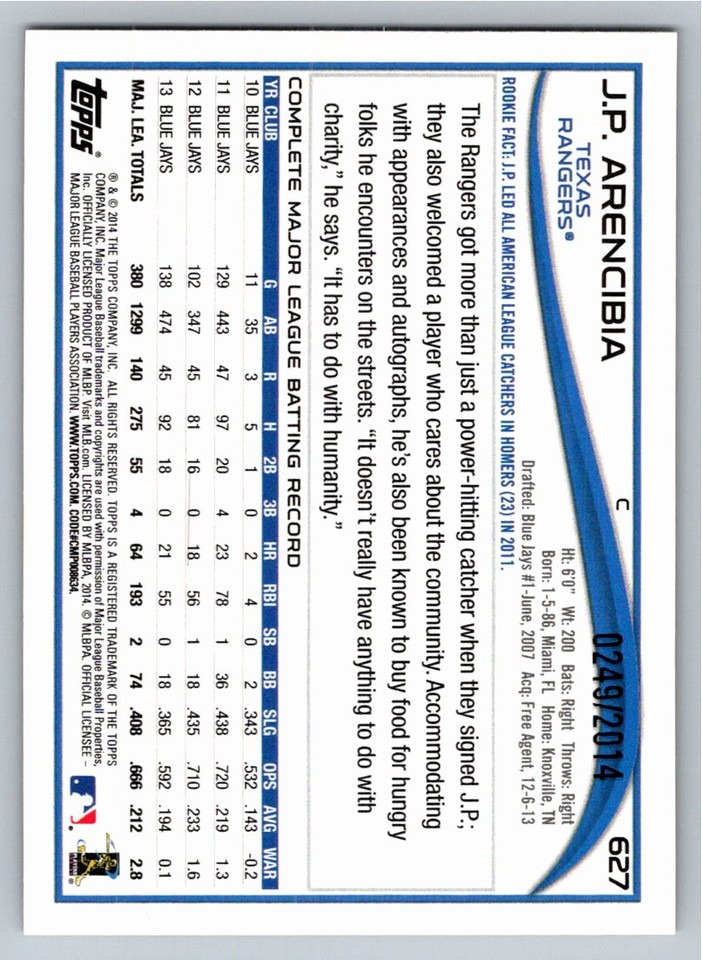2014 Topps Gold J.P. Arencibia 627 /2014 | eBay