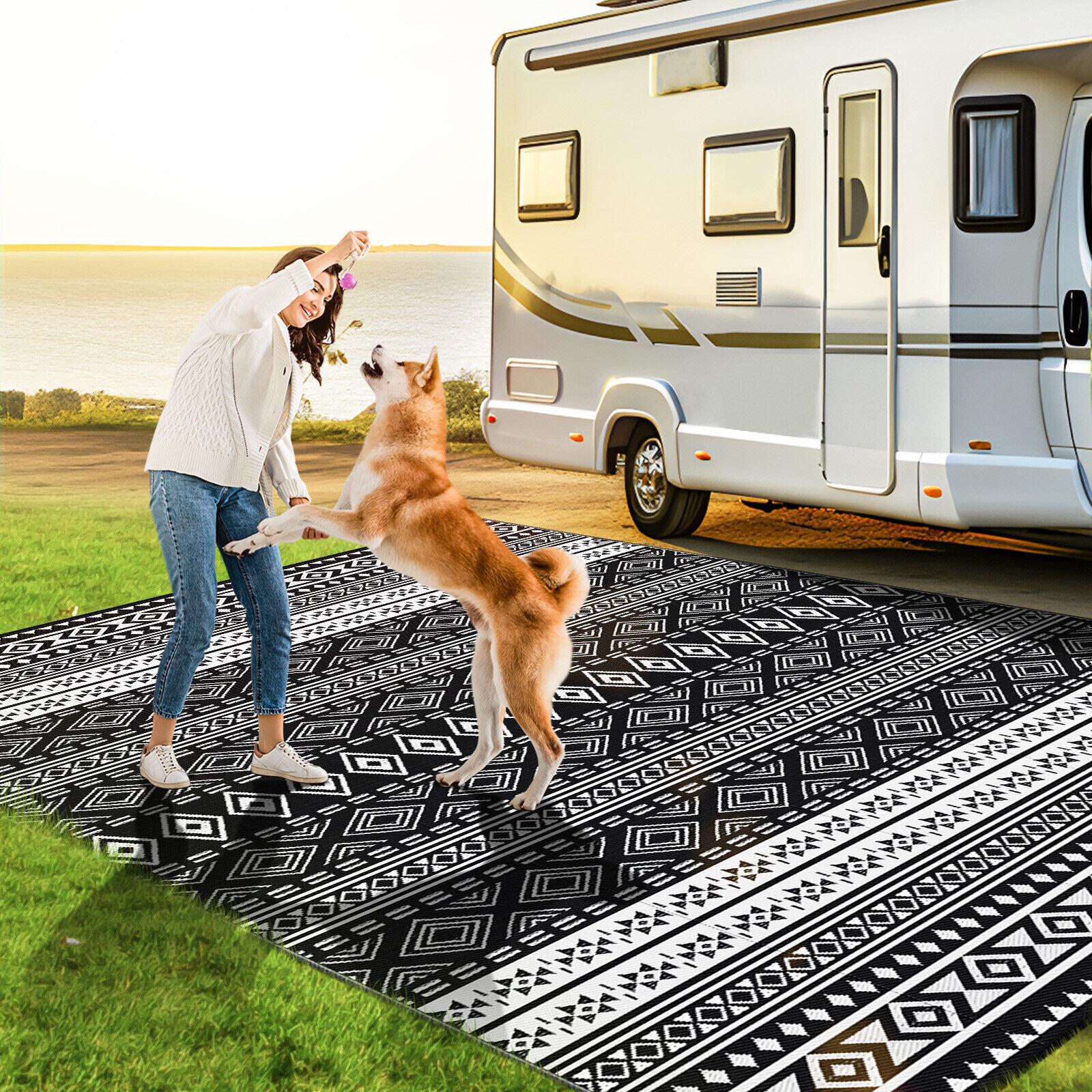 9'x12' Bohimian Outdoor Rugs Outside Patio Mat Reversible RV Camping ...