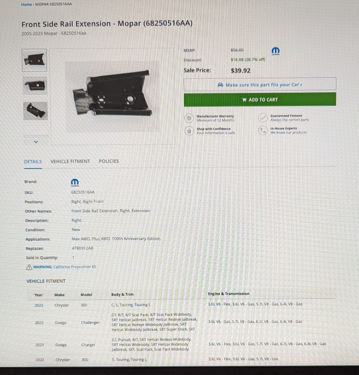 Mopar Performance 68032706aa Mopar Extension Link Genuine Mopar ...