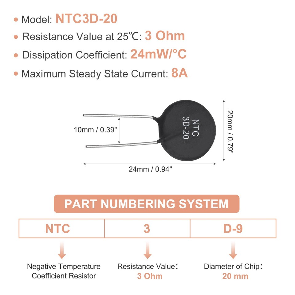 NTC Thermistors Resistors, 3Pcs 3 Ohm NTC3D-20 Inrush Current Limiter ...