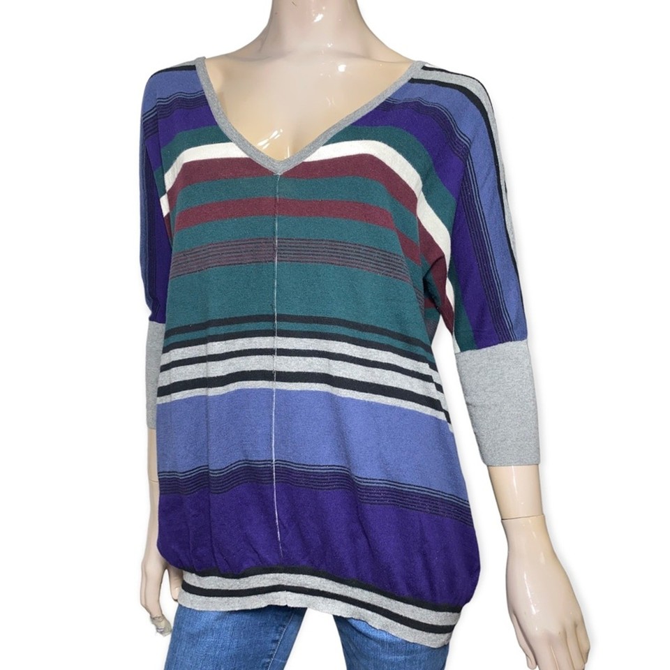 Shae Women’s Size S Green Blue Gray White Striped Studded Back V-Neck ...