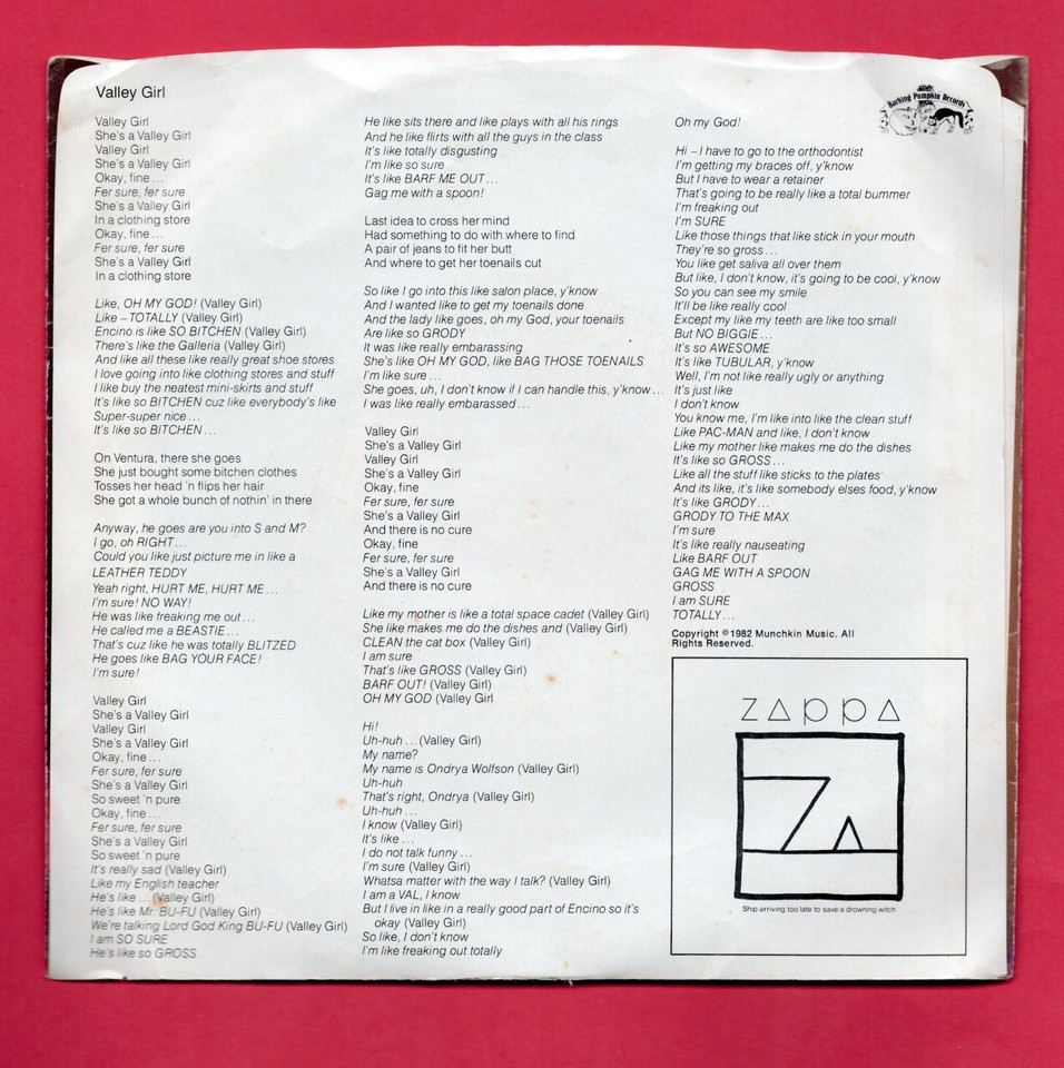 Frank & Moon Zappa Valley Girl 1982 45RPM Record WS9-02972 Barking ...