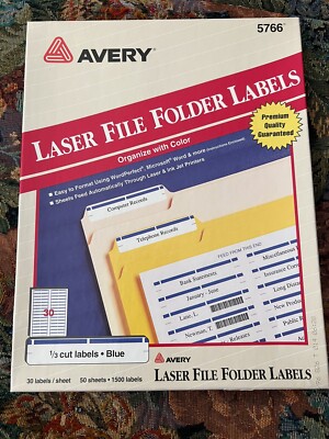 Open Box ~ AVERY Laser 5766 ~ BLUE FILE FOLDER 1/3 Cut LABELS ~ 45 ...