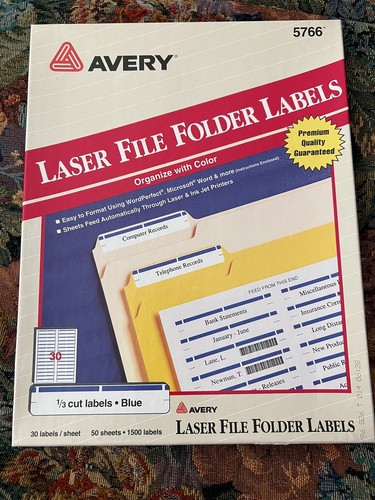 Open Box ~ AVERY Laser 5766 ~ BLUE FILE FOLDER 1/3 Cut LABELS ~ 45 ...