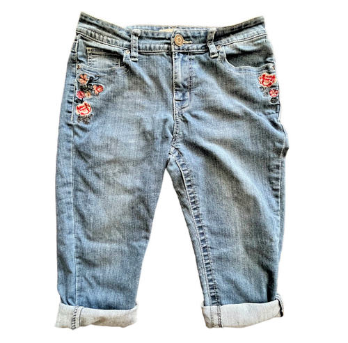 Level Eight Denim Capris Women 9 Blue Embroidered Rose Mid Rise Stretch ...