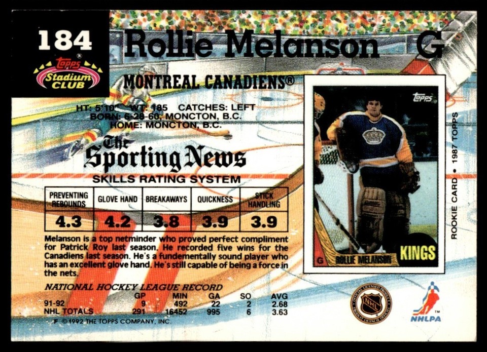 1992-93 Stadium Club #184 Rollie Melanson Montreal Canadiens | eBay