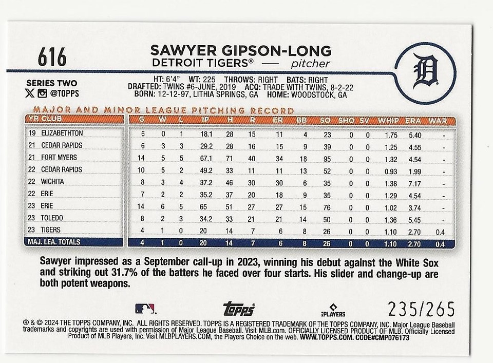 2024 Topps Complete Set SAWYER GIPSON-LONG Hobby Foilboard 235/265 ...