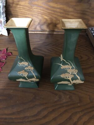 RARE Set Of Weil Ware Ming Tree Pedestal Flower Bud Vases 9" Hand ...