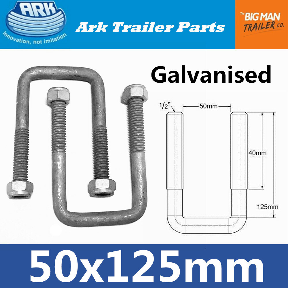2x ARK Trailer U Bolts 52x125mm Galvanised Square U Bolt 1/2 Inch Dia ...