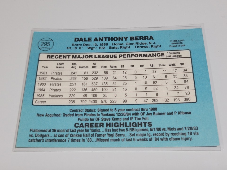 DALE BERRA 1986 Donruss #295. YANKEES | eBay