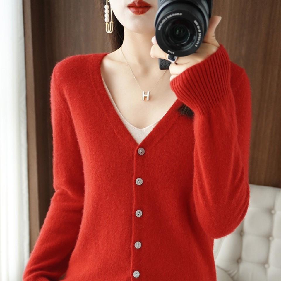 Women's Cashmere Blend Cardigan Solid Color Sweater Simple Crew Neck ...