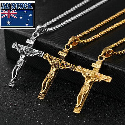 Men Stainless Steel Gold Silver Black Jesus Crucifix Pendant Chain ...