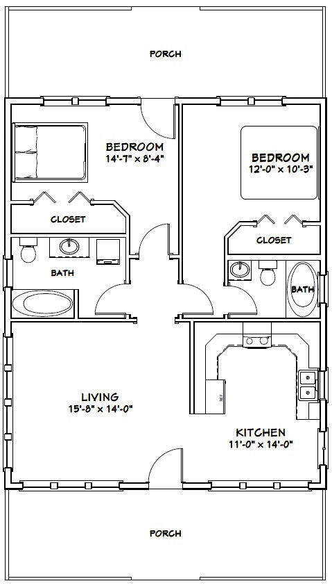 28x34 House -- 2 Bedroom 2 Bath -- 952 sq ft -- PDF Floor Plan -- Model 1 | eBay