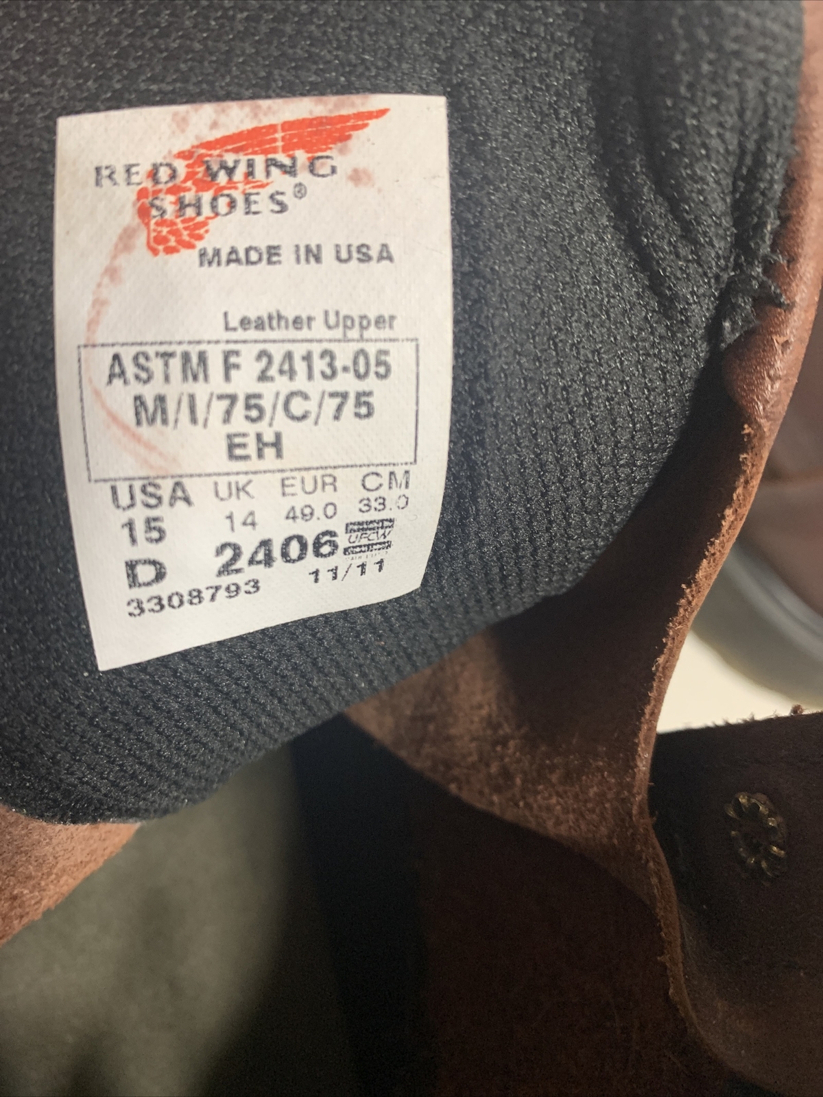 Red Wing Boots Mens 15 D 2406 Leather Steel Toe Work Made In USA For ...