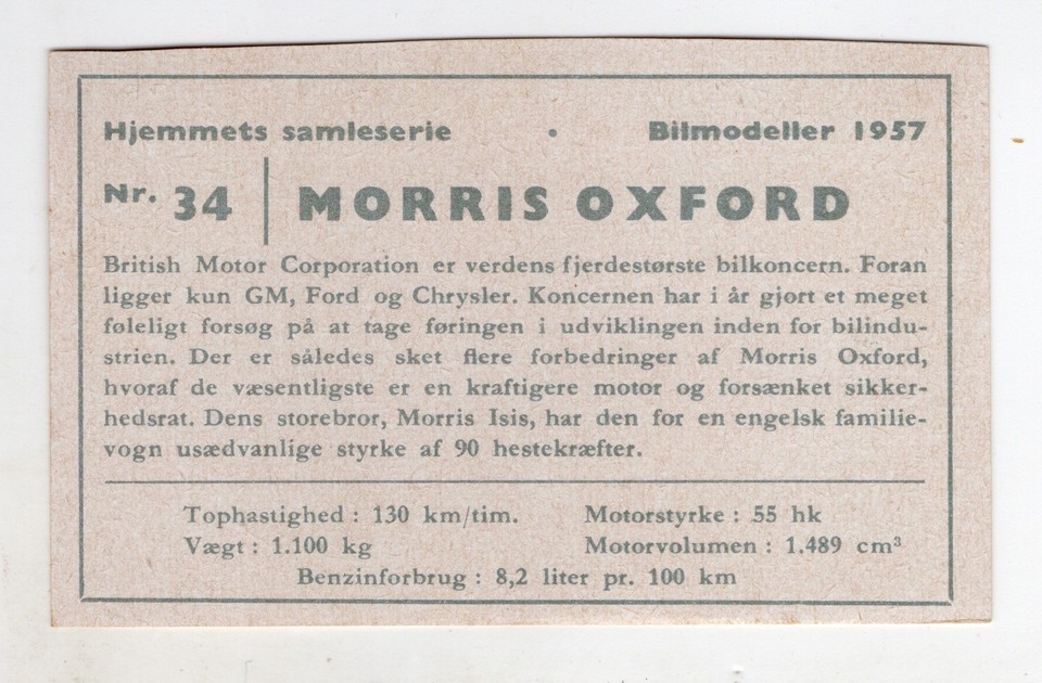 Danish ‘hjemmets’ Auto 1957 Trade Card. Morris Oxford | eBay