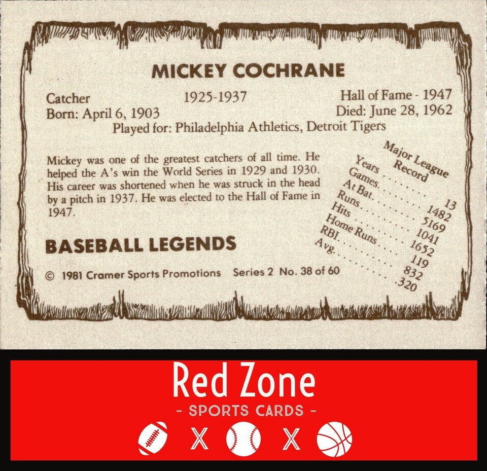 1981 Cramer Baseball Legends Series 2 - #38 Mickey Cochrane NM Set ...