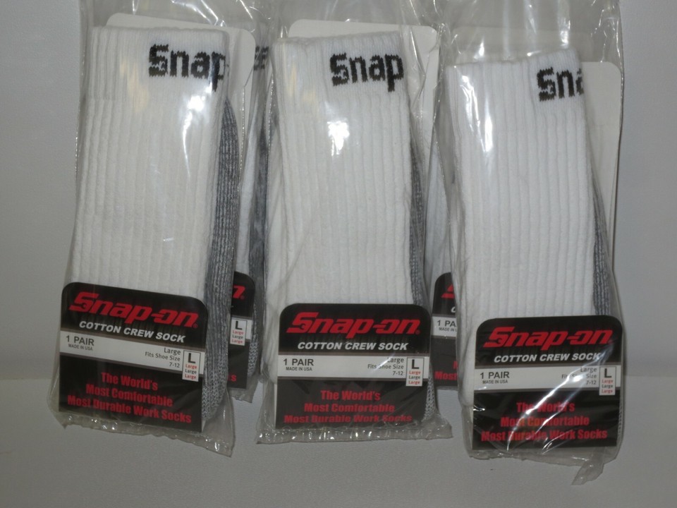 12 Snap-On Crew Socks Men's WHITE LARGE ~ FREE SHIP ~ MADE IN USA 12 ...