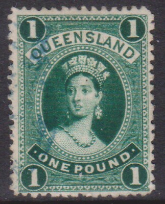 (F289-34) 1880 AU QLD 1 pound green QVIC Chalon stamp (blue cancel) (AI ...