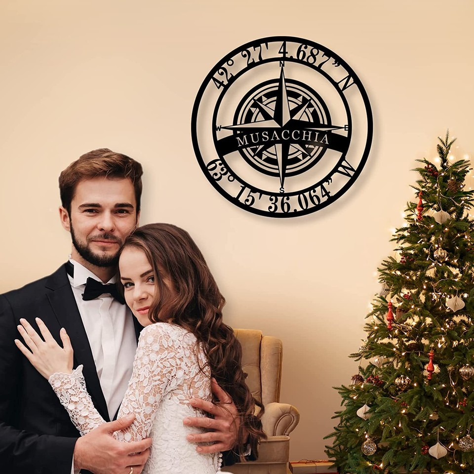 Personalized Nautical Compass Metal Sign, Custom Longitude and Latitude ...