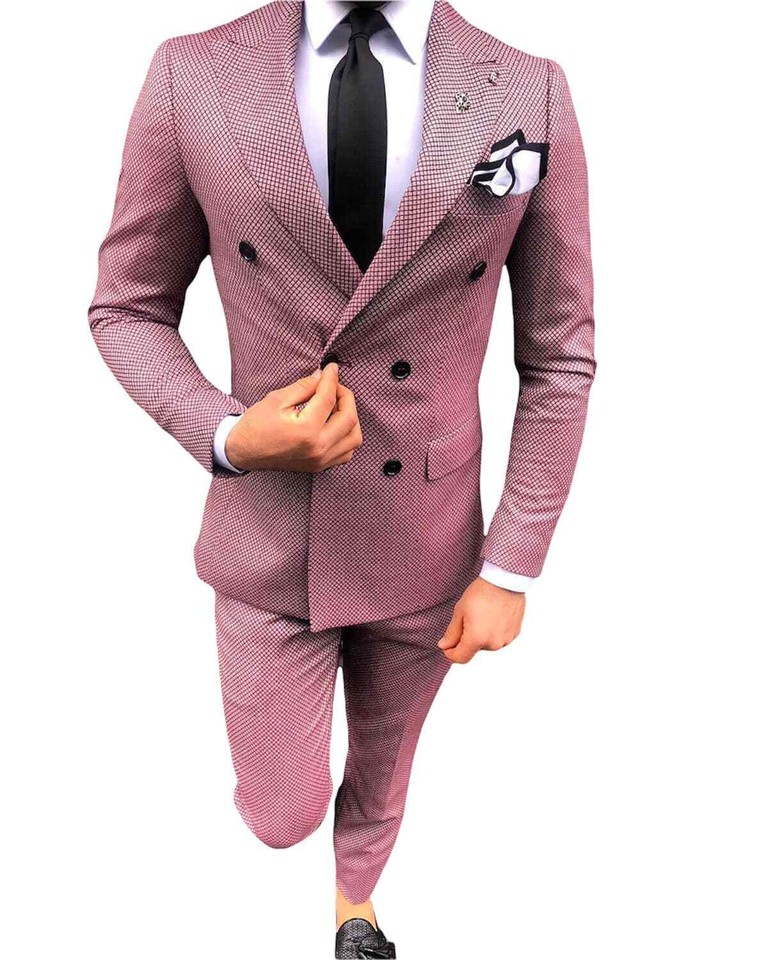 Designer Two Rows of Buttons Suit Burgundy White Checked Suit Fitted ...