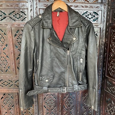 Topshop Black Genuine Leather Moto Biker Jacket Womens 10 M Zip Grunge ...