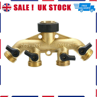 4 Way 3/4" Brass Adaptor Garden Tap Multi Hose Pipe Connector Water ...