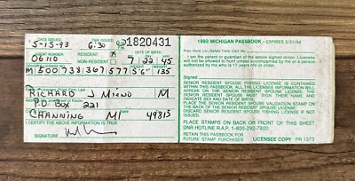 1993 **MICHIGAN** Fishing Stamp Permit License | eBay