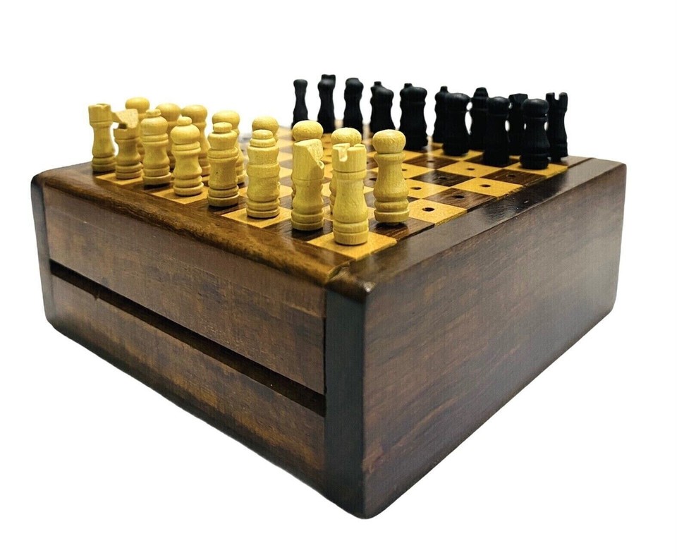 4X4Nautical Handcrafted Wooden Mini Chess Board Game Travel Chess Set ...