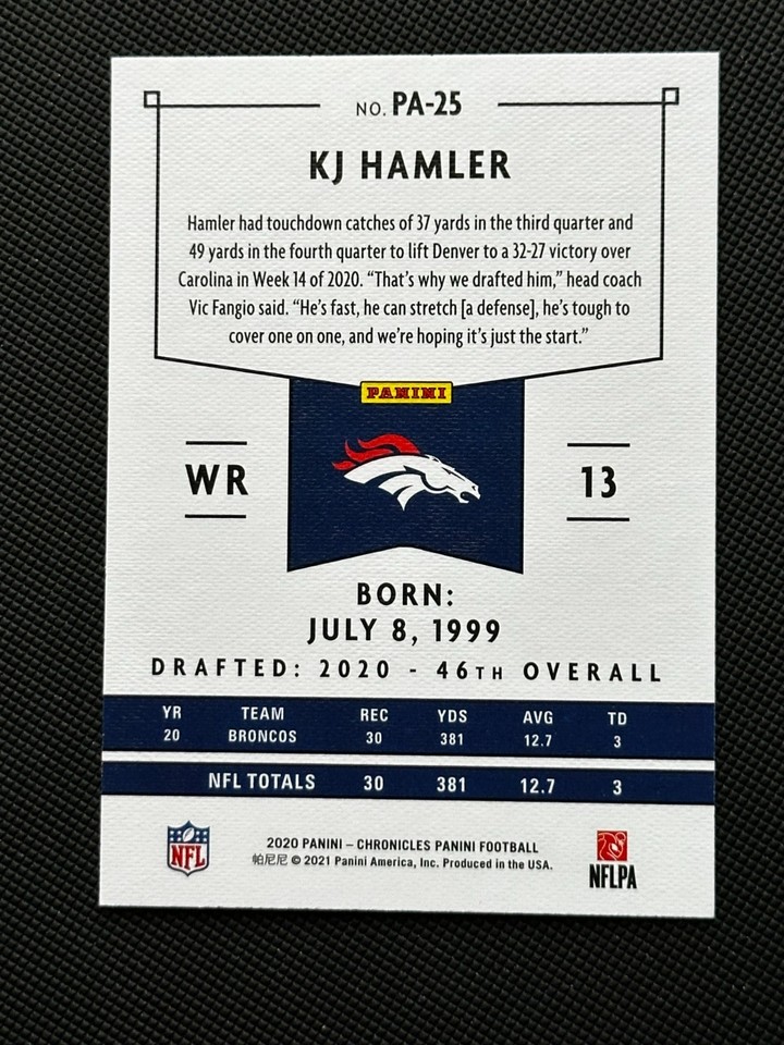 2020 Panini Chronicles Panini #PA-25 KJ Hamler RC Denver Broncos ...