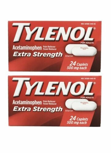 2 BOXES Tylenol Extra Strength 500mg 24 Caplets Each 48 TOTAL EXP 12/26 ...