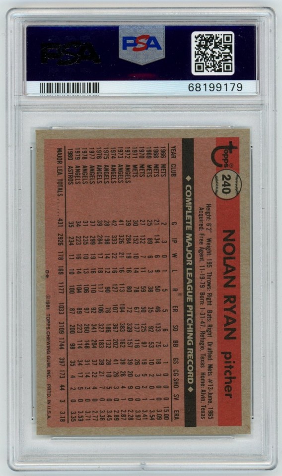 1981 Topps #240 NOLAN RYAN PSA 8 Near Mint-Mint NM-MT Centered Beauty ...