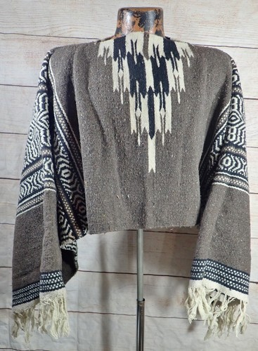 Vtg Gray Black White Wool Blanket Western Poncho M Serape Mexican Gaban ...