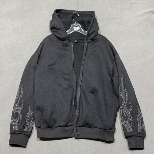 Rhinestone Hoodie Fire Flame Black Zip Shein M Biker Moto Vintage Style ...