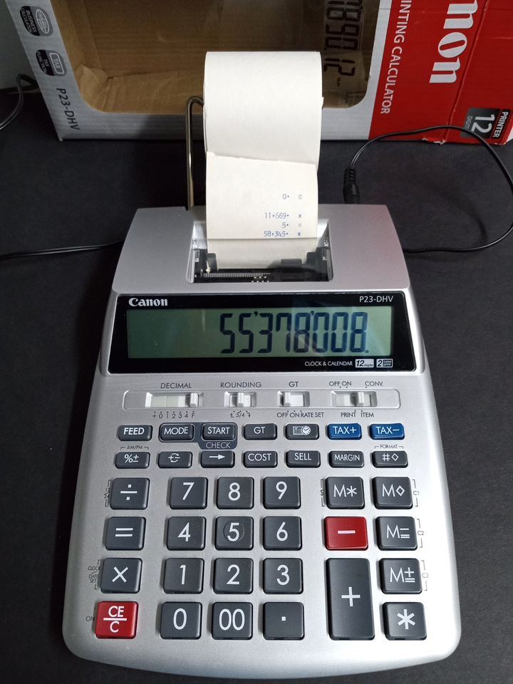 Canon P23-DHV Mini Desktop Printing Calculator w/ Adapter & (3) Paper ...