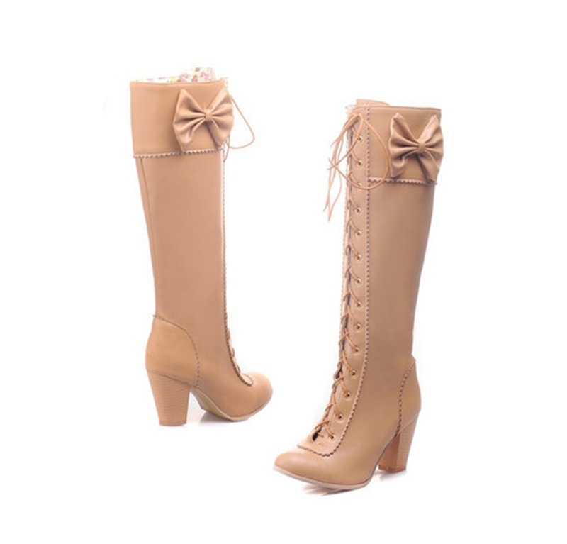 Women's Fashion Round Toe Lace Up Zip Shoes PU Leather Over The knee ...